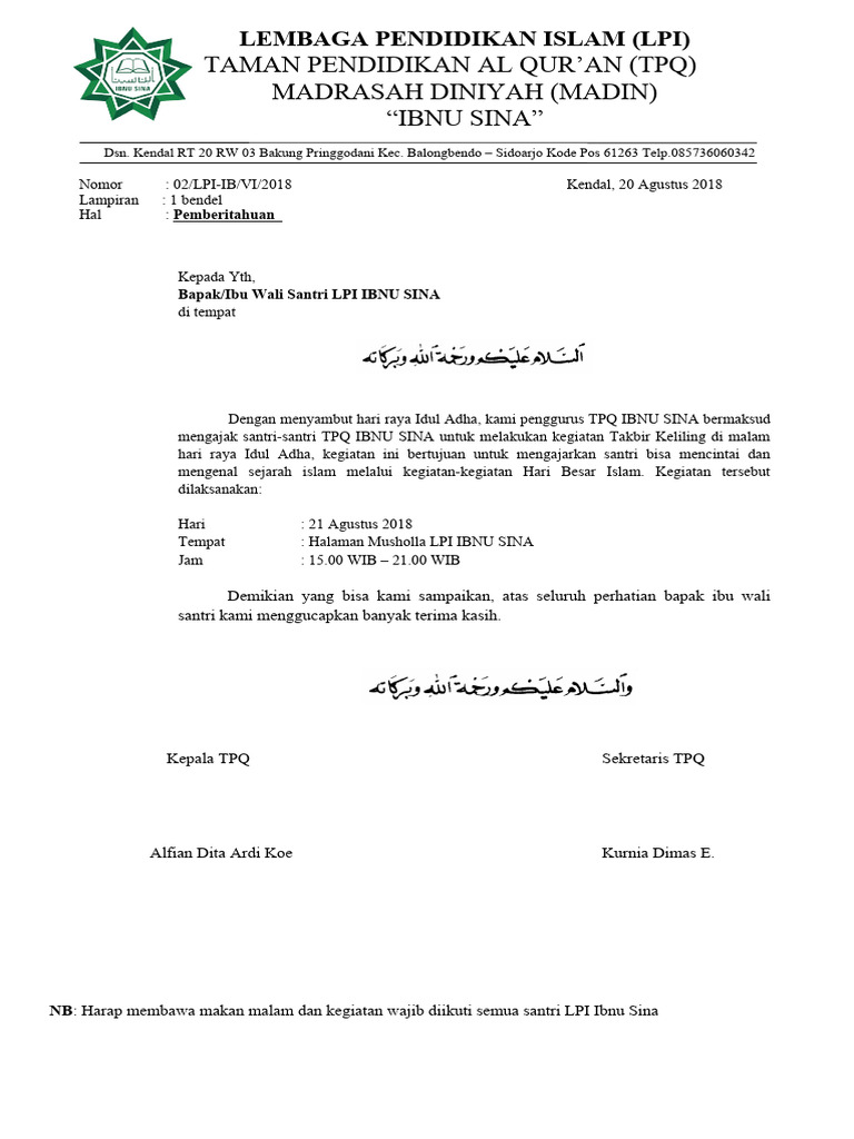 Surat Pemberitahuan Kegiatan Takbir Keliling | PDF