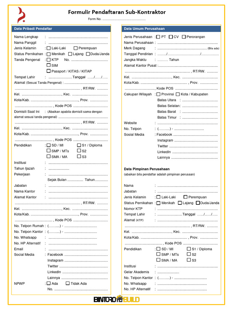 Formulir Pendaftaran Subcon | PDF