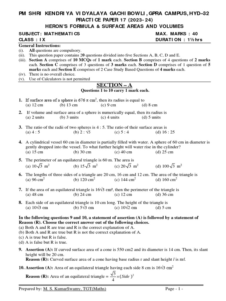 Maths Class Ix Chapter 12 and 13 Mensuration Unit Practice Paper | PDF ...