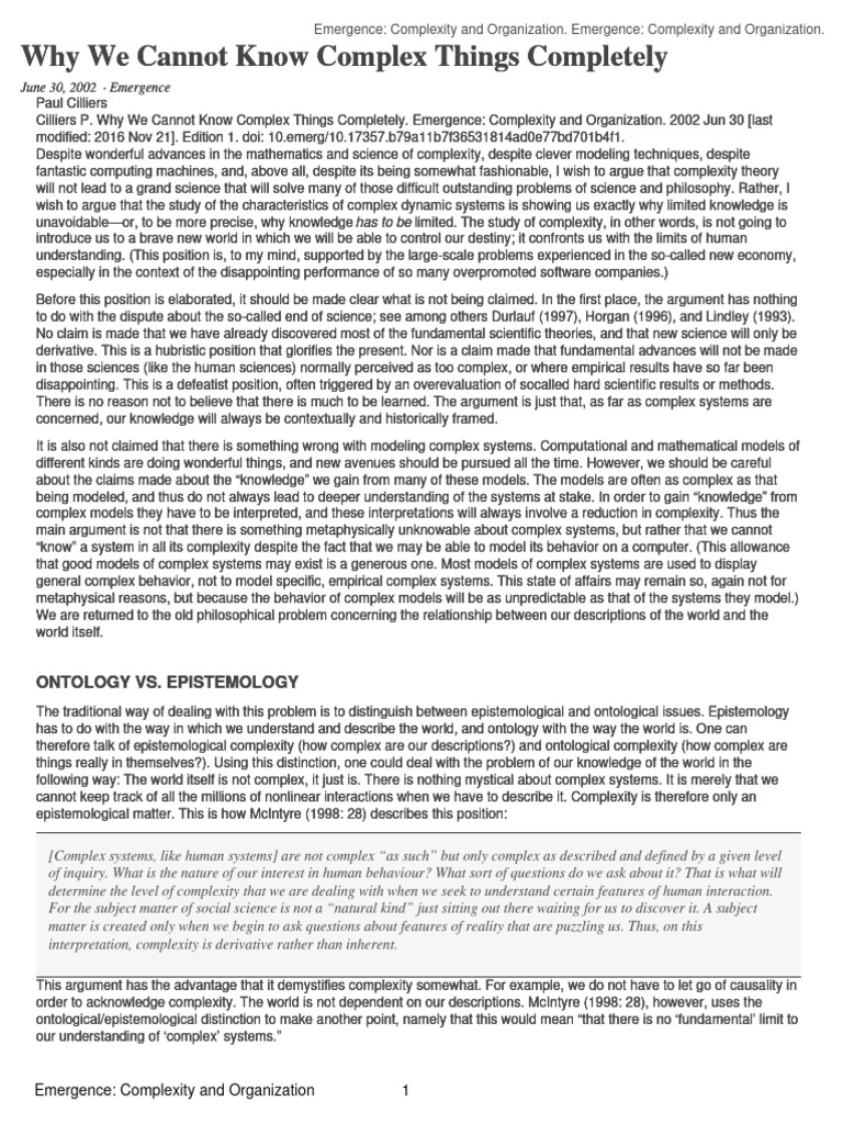 Why We Cannot Know Complex Things Completely | PDF