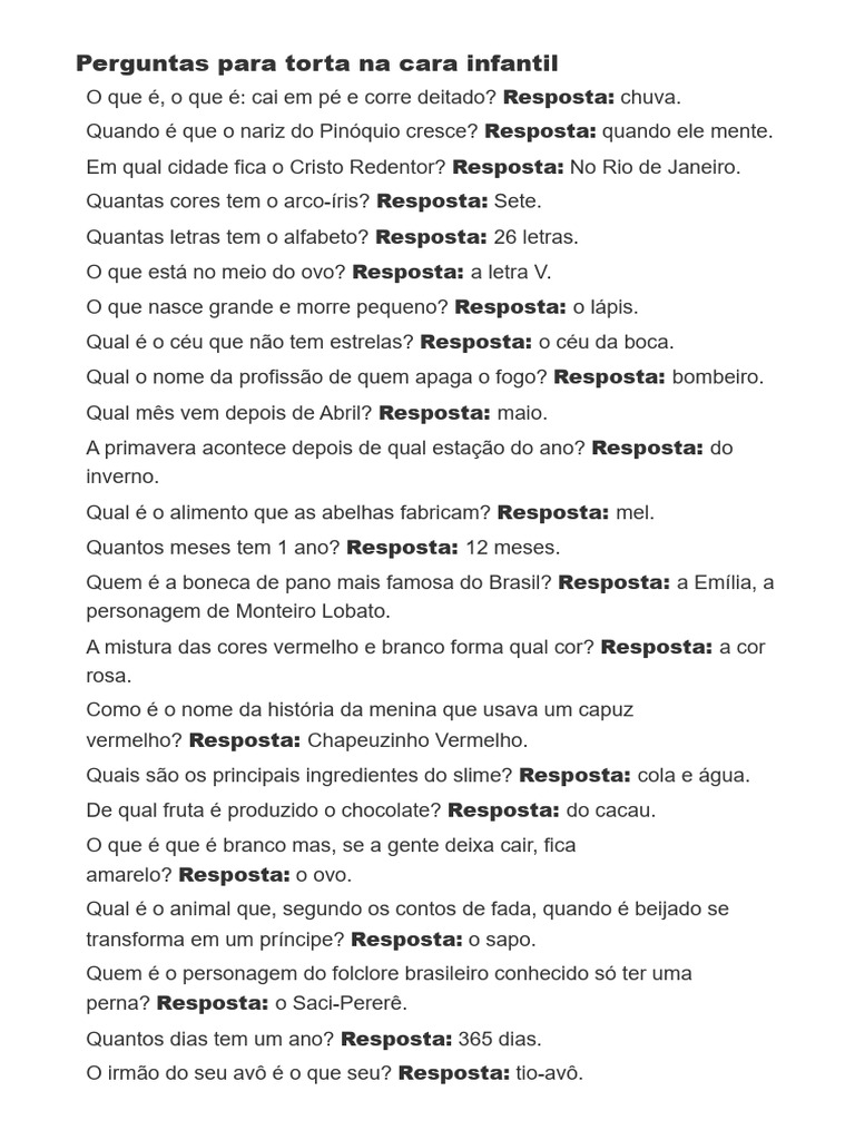 Perguntas para Torta na Cara Infantil | PDF | Brasil | Vermelho