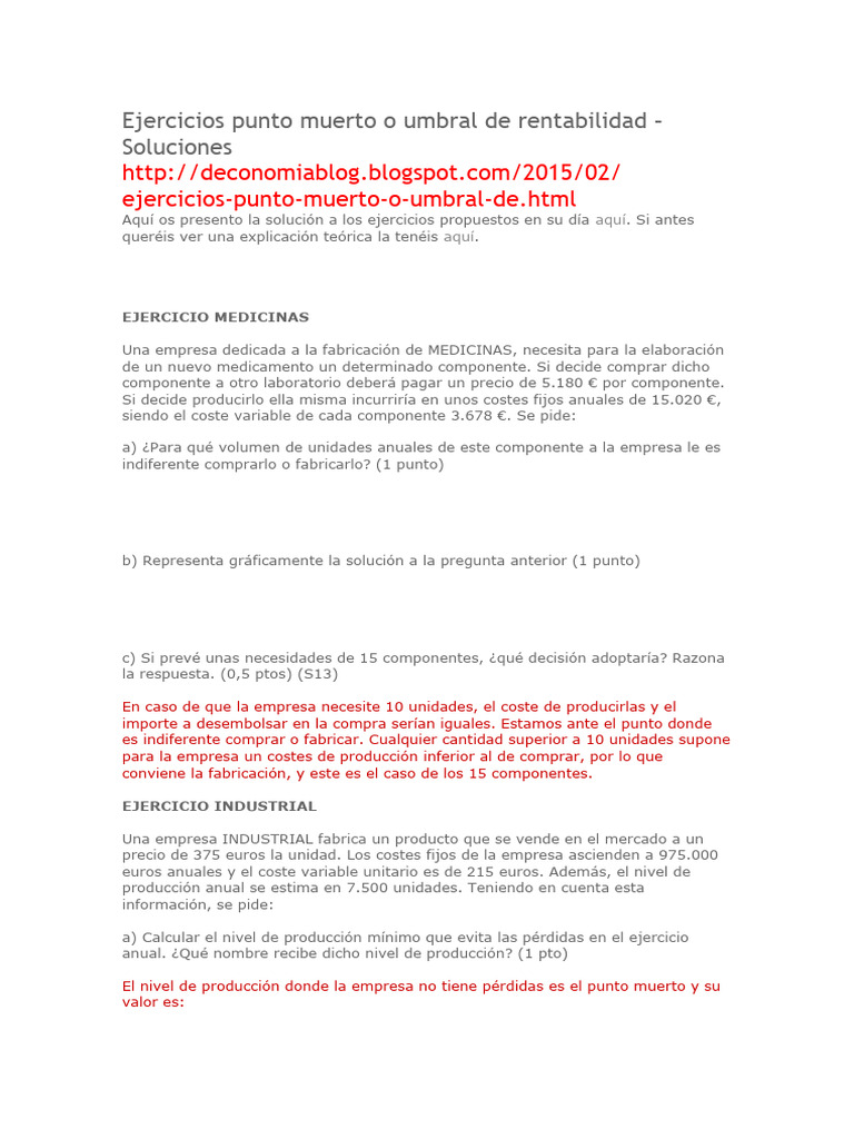 Ejercicios Punto Muerto o Umbral de Rentabilidad | PDF