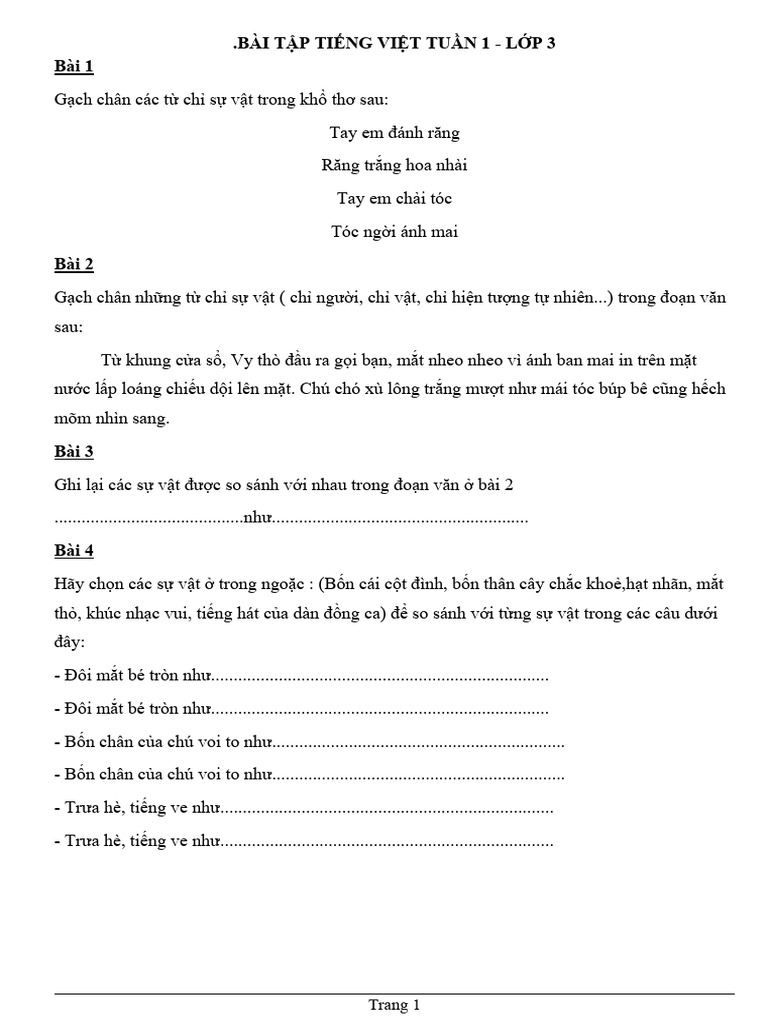 Bai Tap Tieng Viet Cuoi Tuan Lop 3 Tu Tuan 1 Den Tuan 33 11920179 | PDF