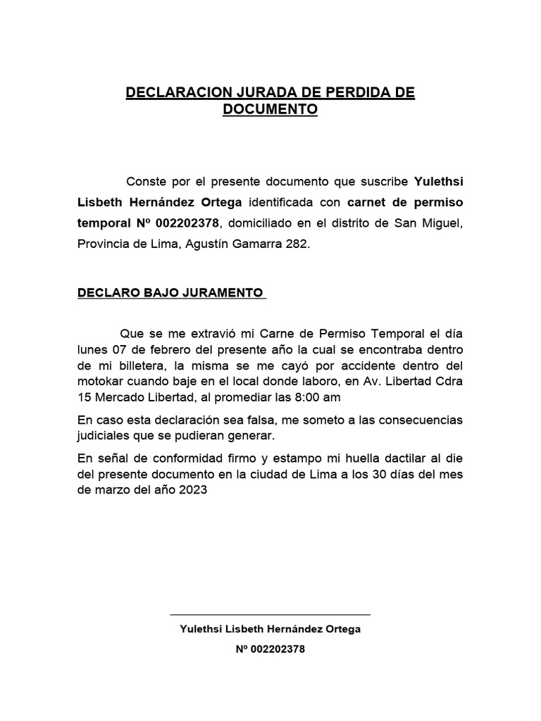 Declaracion Jurada de Perdida de Documento | PDF