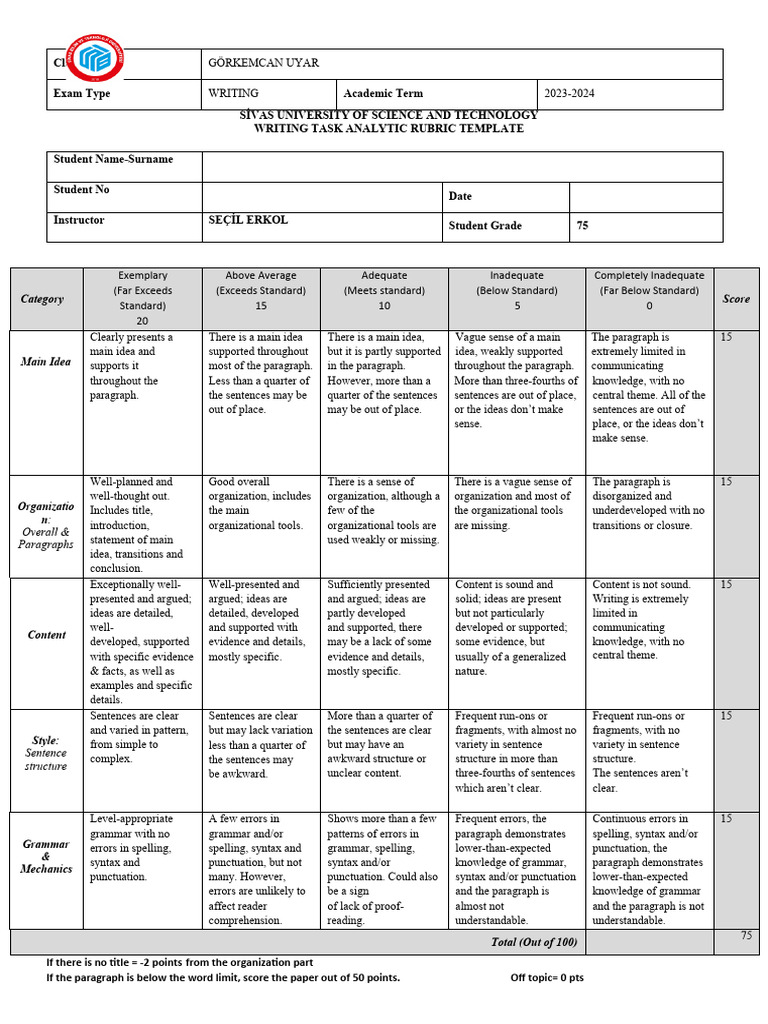 B1 Writing Task Analytic Rubric | PDF