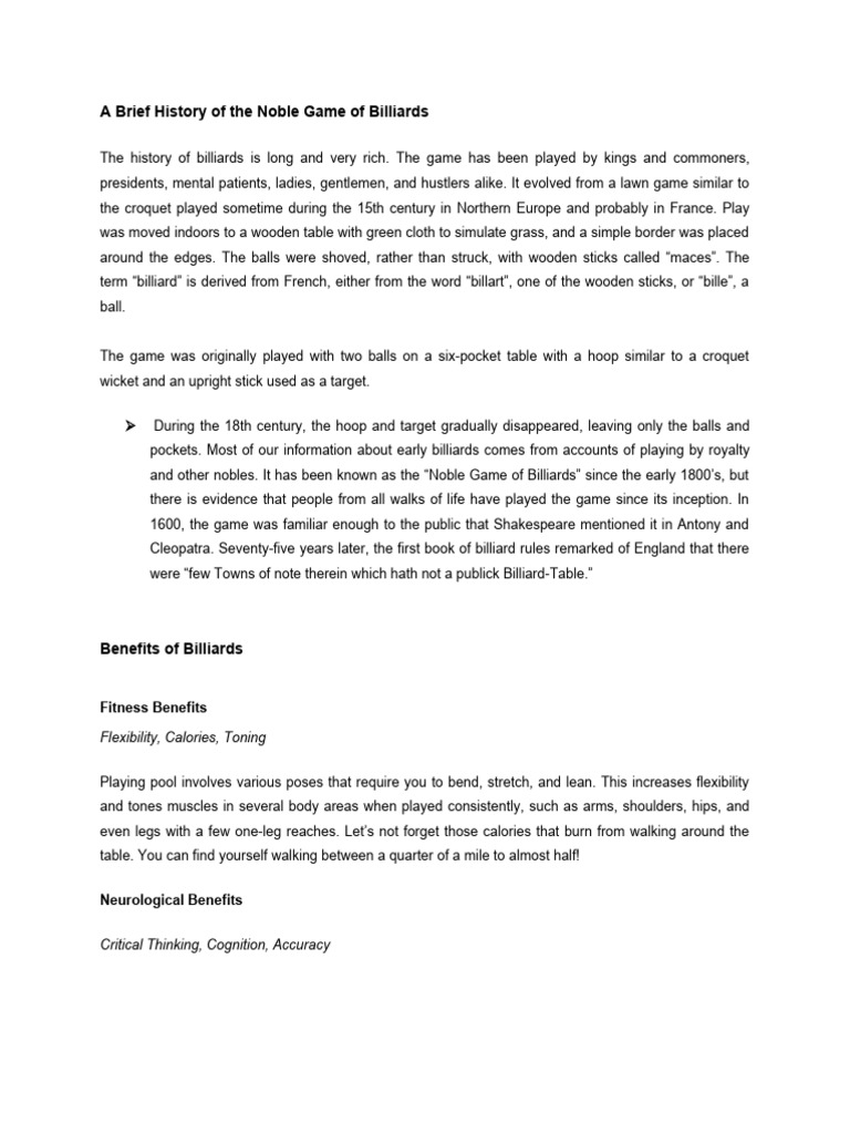 Billiards History and Benefits | PDF | Cue Sports | Precision Sports