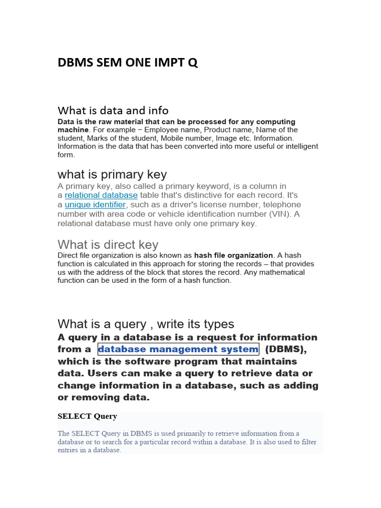 DBMS Sem One Impt Q | PDF