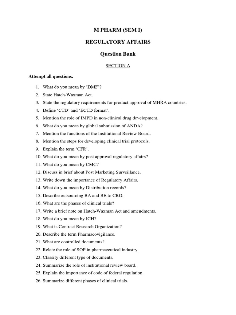 Regulatory Affairs Question Bank. | PDF