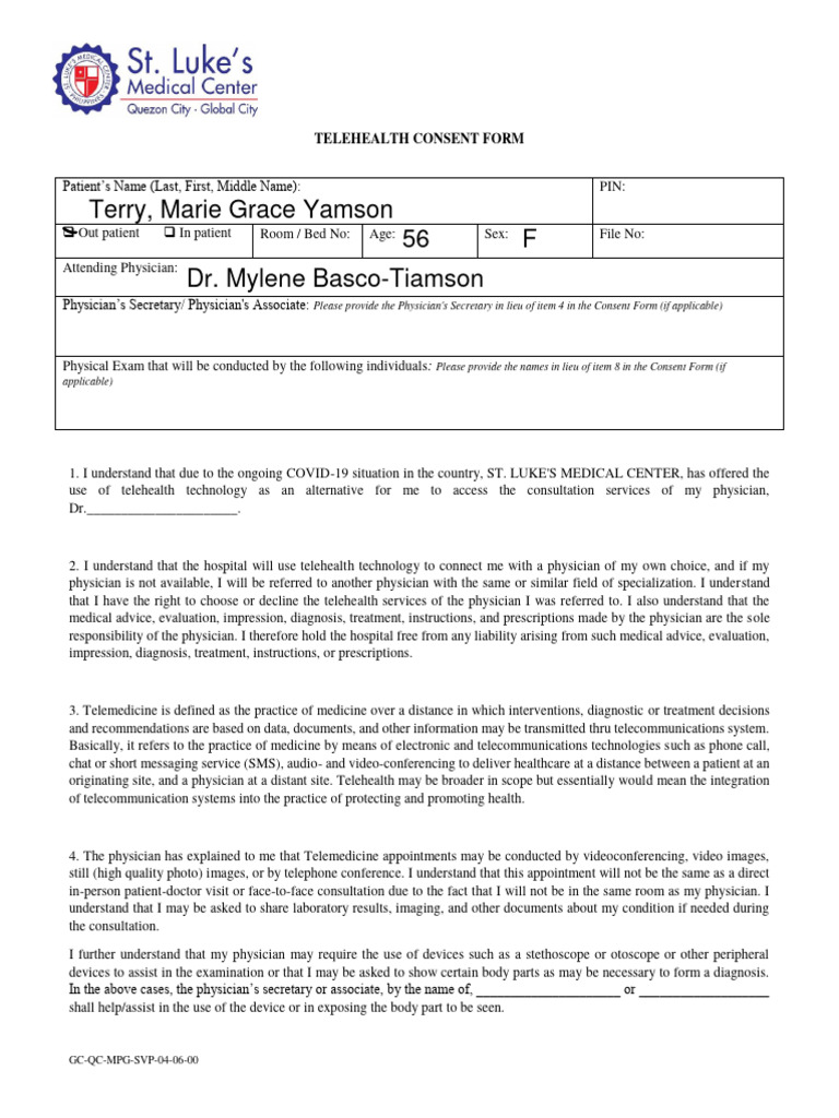 SLMC-English-TELEHEALTH CONSENT FORM | PDF | Informed Consent | Public ...