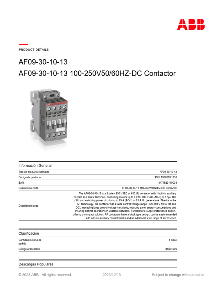 AF09-30-10-13 DC Contactor Specs | PDF | Components | Electrical ...