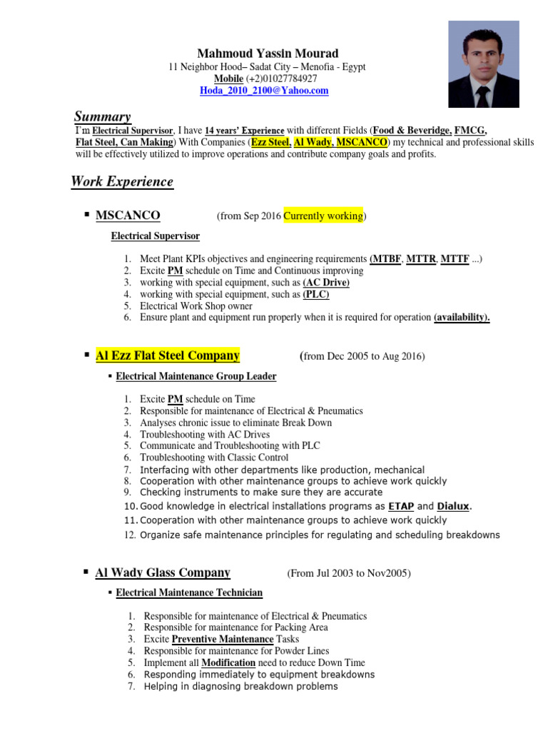 Mahmoud Yassin CV | PDF | Automation | Electricity