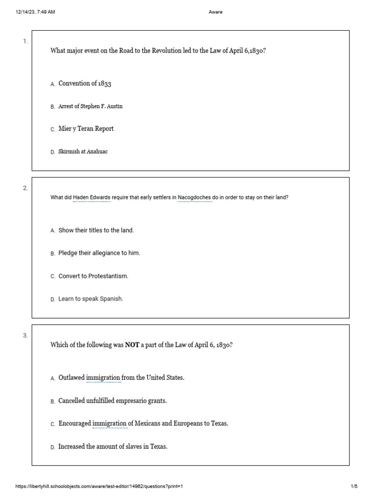 Texas Revolution Key Events Quiz | PDF