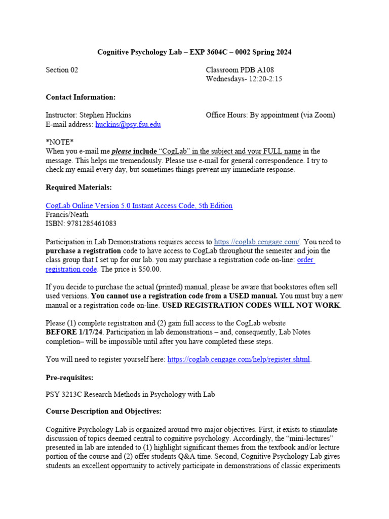 CogLab Syllabus Spring 24 Section 2 | PDF