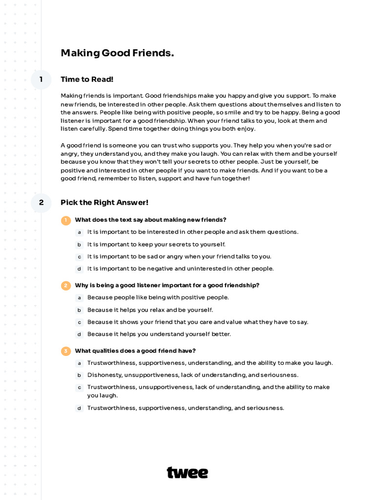 Lesson Plan For The A1 Level Topic/Vocabulary Making Good Friends ...