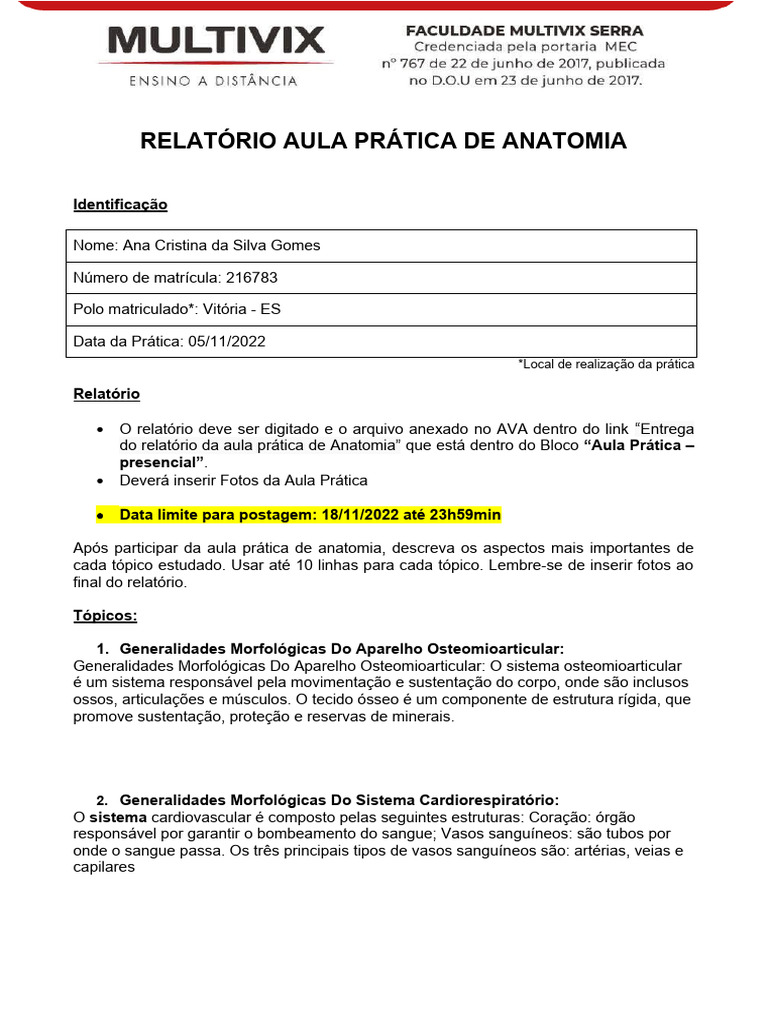 Modelo de Relatório - Aula Prática - Anatomia | PDF