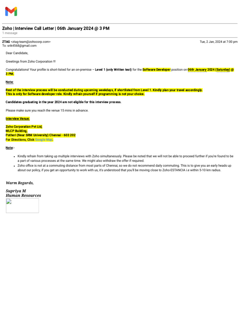 Gmail - Zoho - Interview Call Letter - 06th January 2024 at 3 PM | PDF