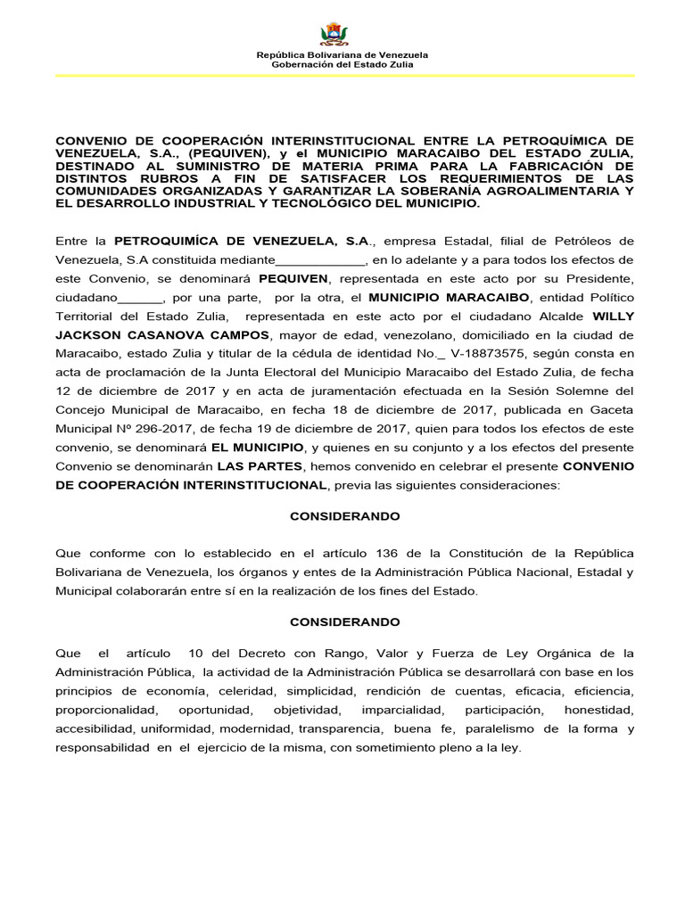 CONVENIO ALCALDÍA-PEQUIVEN | PDF | Venezuela | Administración Pública