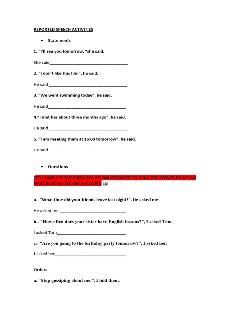 Reported Speech Activities | PDF