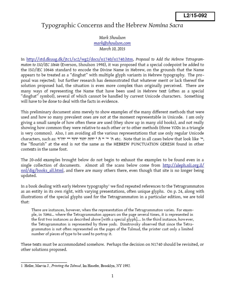 Mark Shoulson. Typographic Concerns and The Hebrew Nomina Sacra | PDF | Notation | Typography