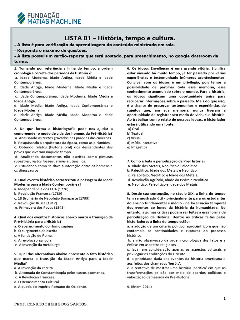 Lista 01 - História, Tempo e Cultura. | PDF
