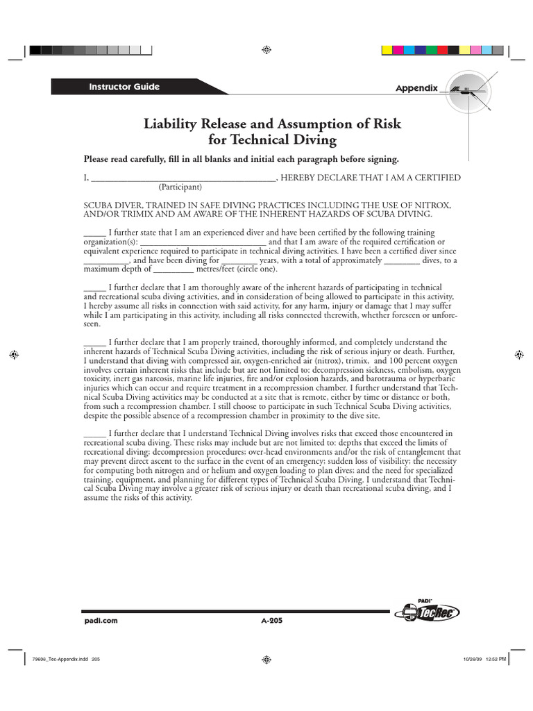PADI Technical Diving Liability Release | PDF | Scuba Diving | Diving ...