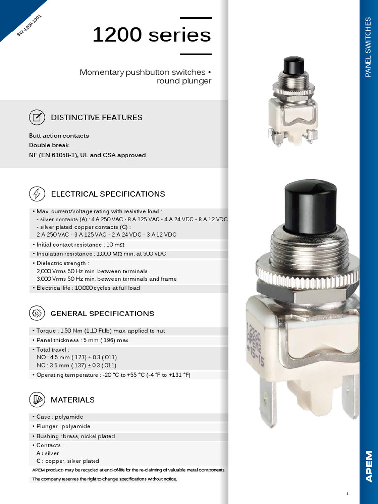Pusbutton Switches Serie 1200 | PDF