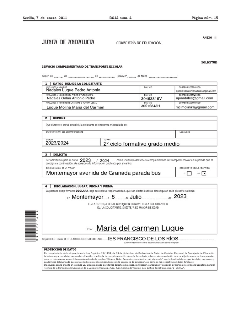 Solicitud de Transporte Escolar y Paradas | PDF | Granada