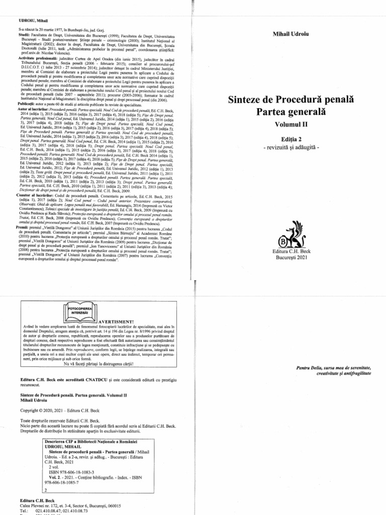 Sinteze Procedura Penala Partea Generala Vol 2 Ed 2 Udroiu 2021 | PDF