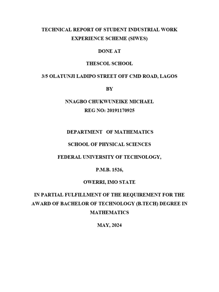 MICHAEL MTH REPORT SIWES - Doc Preliminary Page | PDF