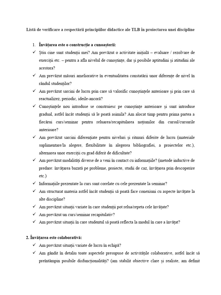 Checklist - Principii TLB | PDF