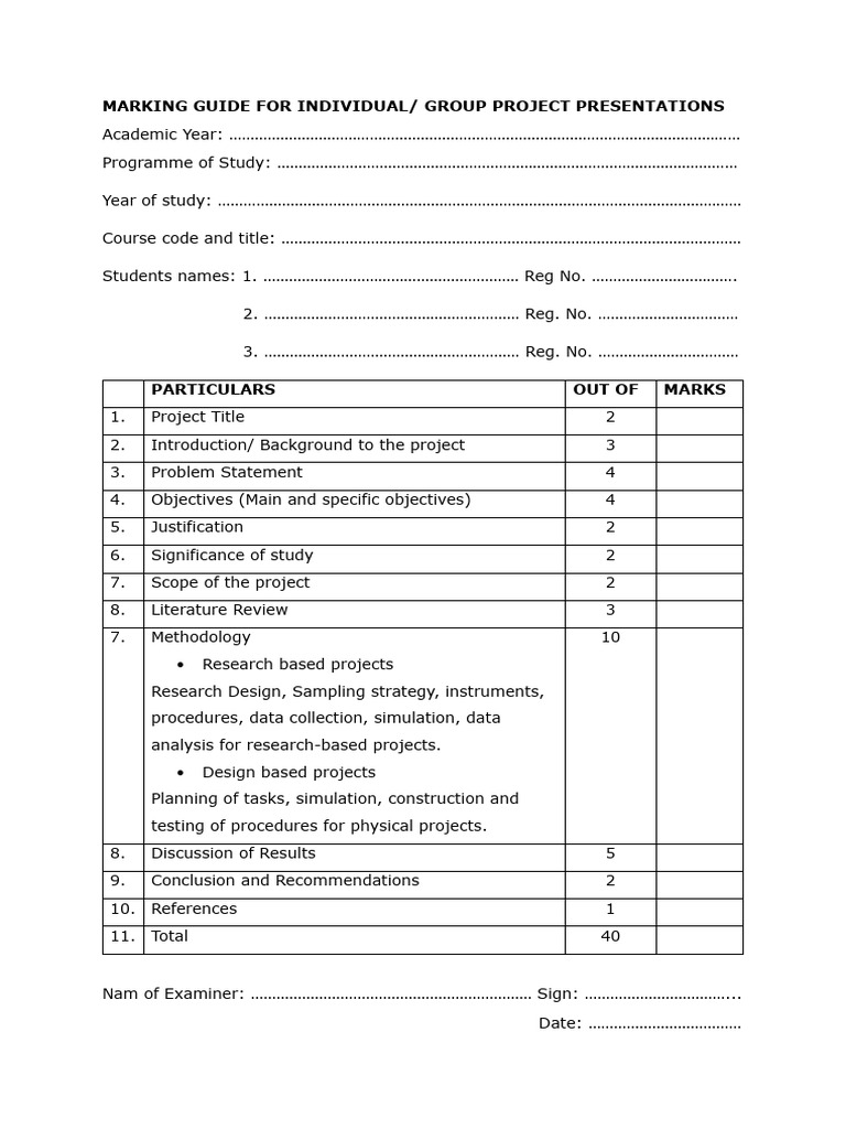 Marking Guide For Final Project Presentation | PDF
