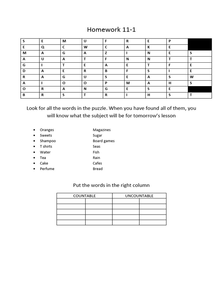 Word Seeker Countable and Uncountable Nouns | PDF