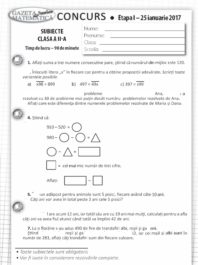 Subiecte Concurs GMJ - Etapa I - 25 Ian - Clasa A II-A | PDF