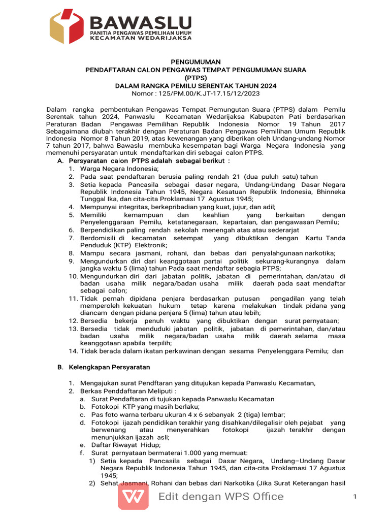 Pengumuman Pendaftaran PTPS | PDF