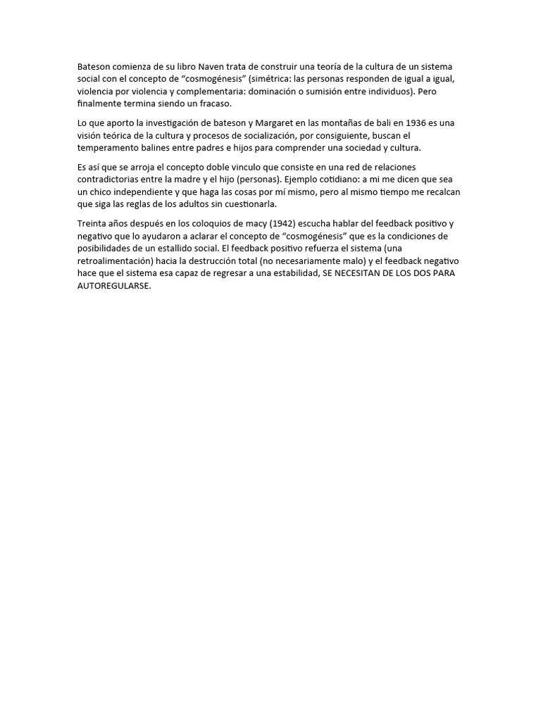 Gregory Bateson, Cismogenesis, Doble Vinculo, Feedback NyP Apuntes | PDF
