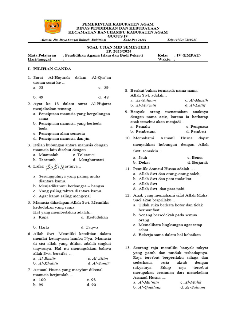SOAL MID SMT I Kelas IV | PDF
