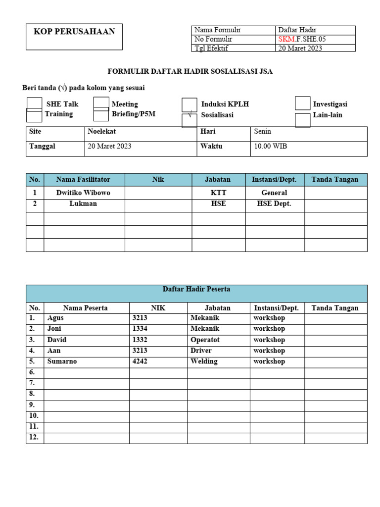 Formulir Daftar Hadir Sosialisasi JSA | PDF