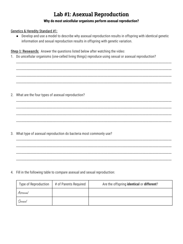 Lab 1 Asexual Reproduction Worksheet | PDF