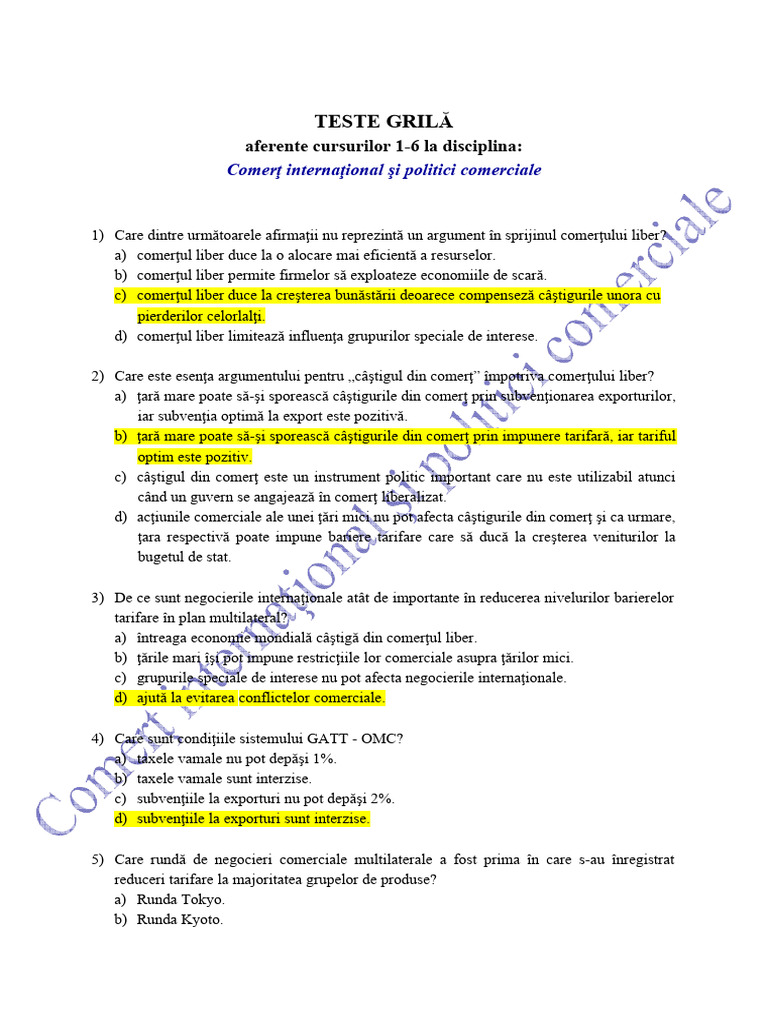Pregatire Examen Comert International Si Politici Comerciale | PDF
