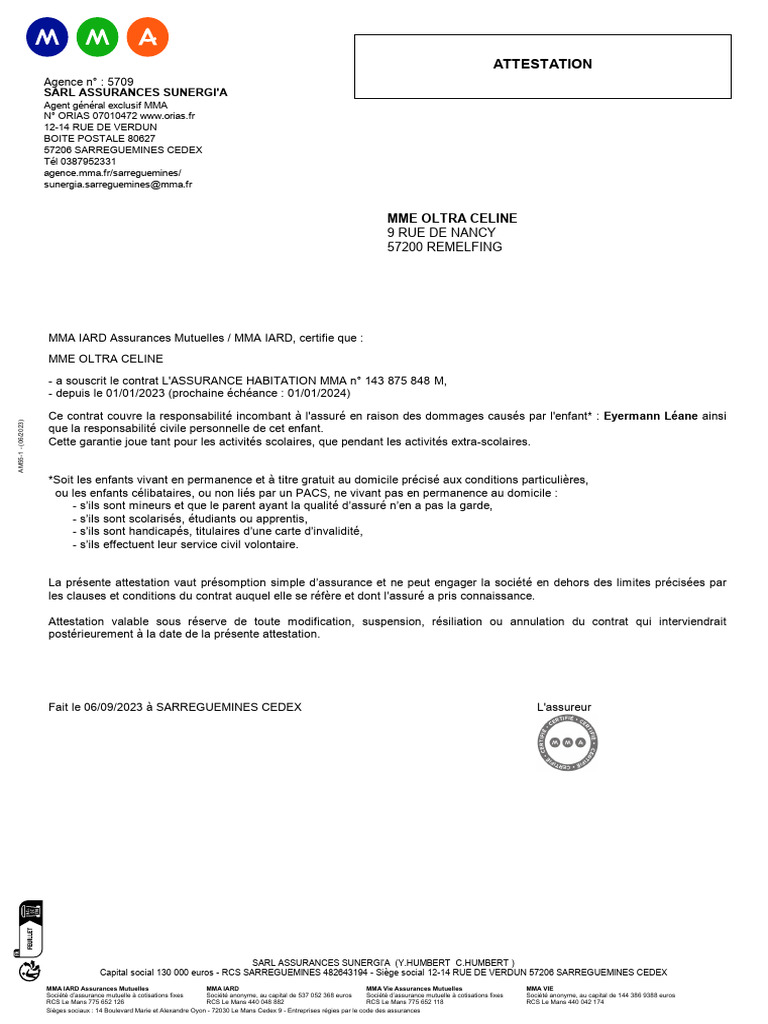 Modèle Attestation D’Assurance – HDFG