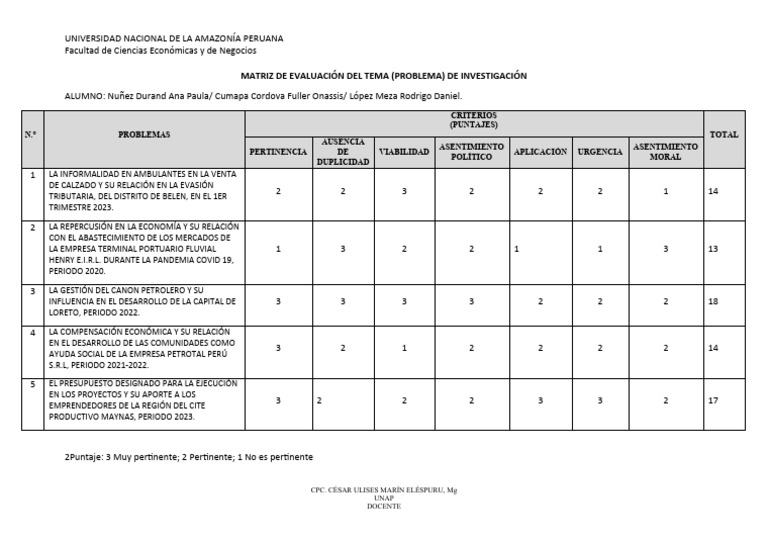 Matriz Evaluación Problema de Investigación - Ok | PDF | Business | Economias