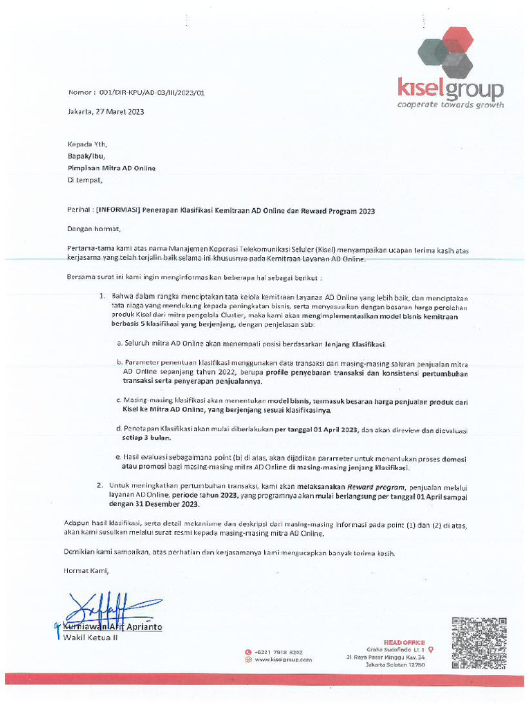 Surat Penerapan Klasifikasi Kemitraan AD Online Dan Reward Program 2023 ...
