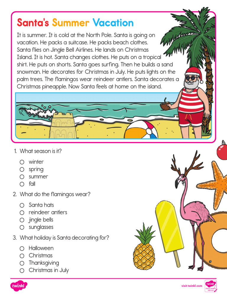 Color Kindergarten Santas Summer Vacation Reading Passage Comprehension ...
