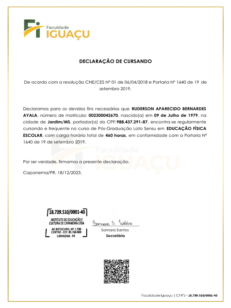 Declaração de Cursando - FACULESTE - RUDERSON APARECIDO BERNARDES AYALA ...