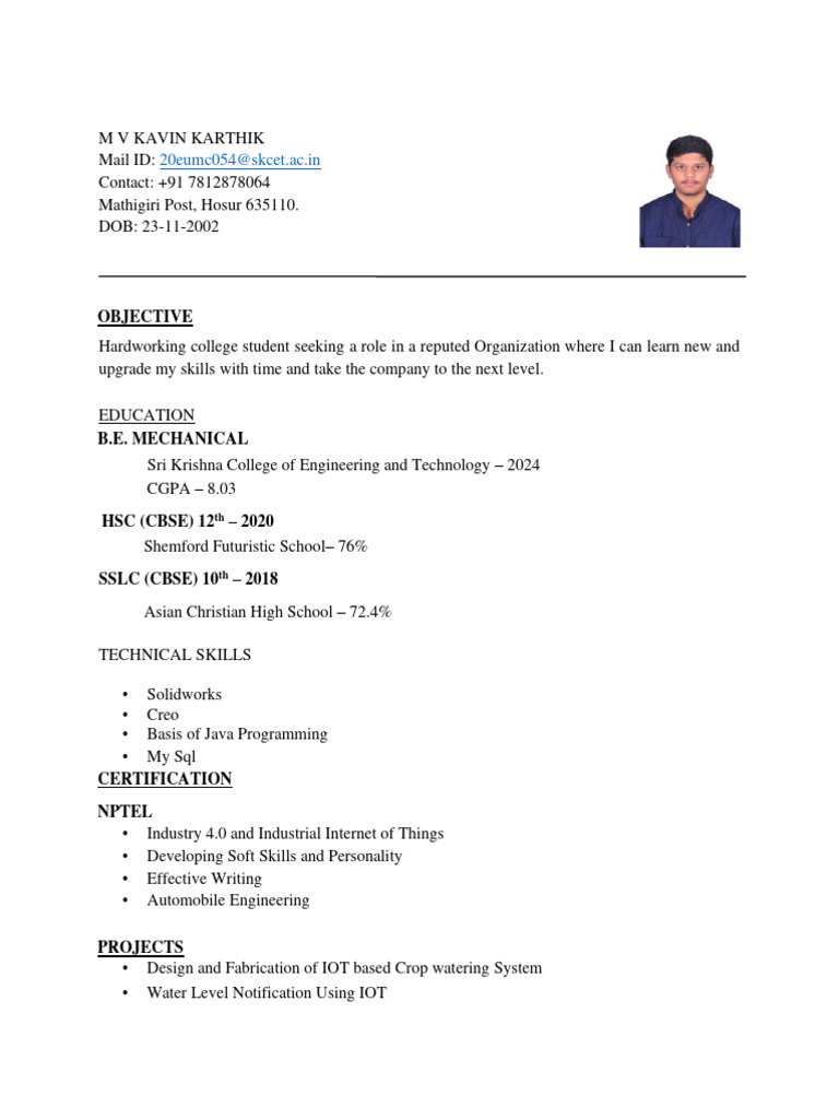 Kavin Resume (20EUMC054) | PDF
