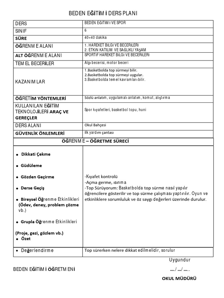 Beden Eği̇ti̇mi̇ Ders Plani | PDF