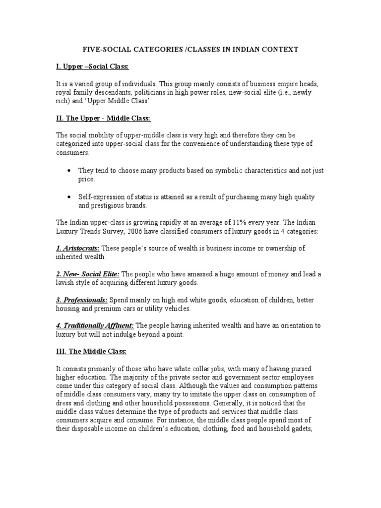 5 Social Classes in India Mat | PDF | American Middle Class | Luxury Goods