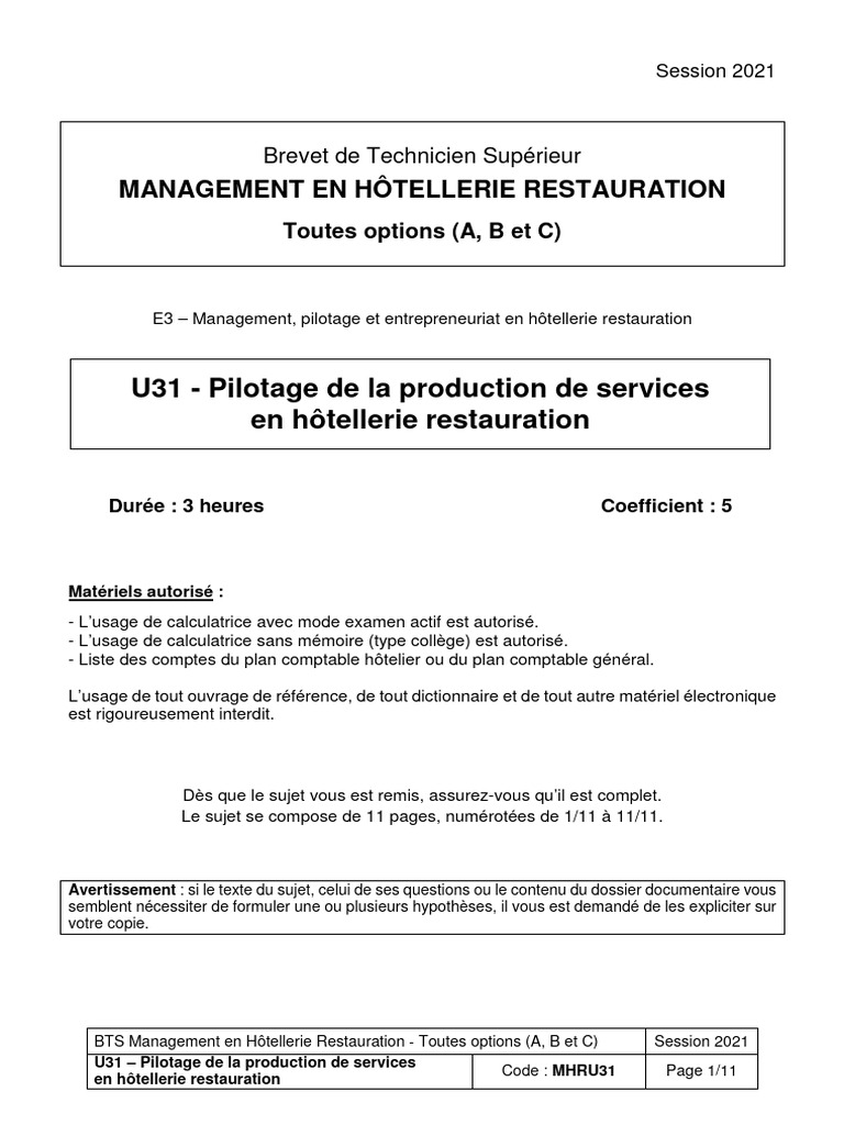 Bts MHR U31 Sujet | PDF