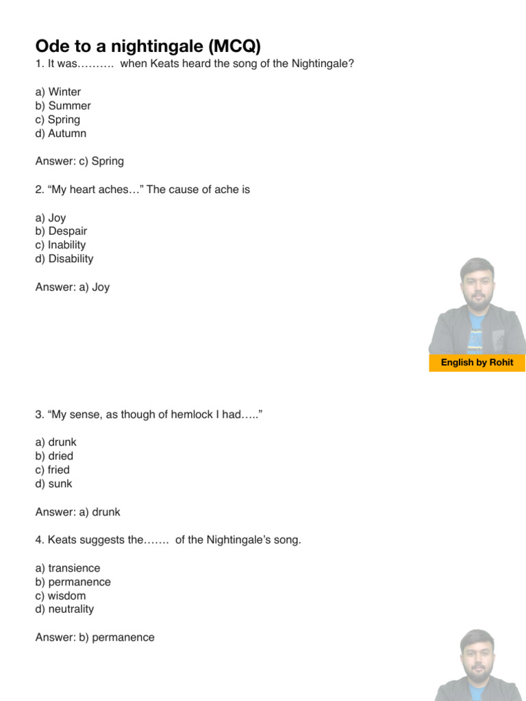 Ode To A Nightingale MCQ - 24049173 - 2 | PDF | John Keats | Poetry