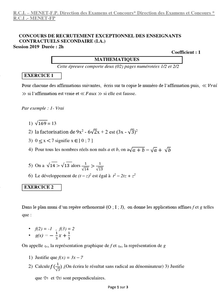 Sujet Corrige Maths CAFOP-IA Exceptionnel-2019 | PDF